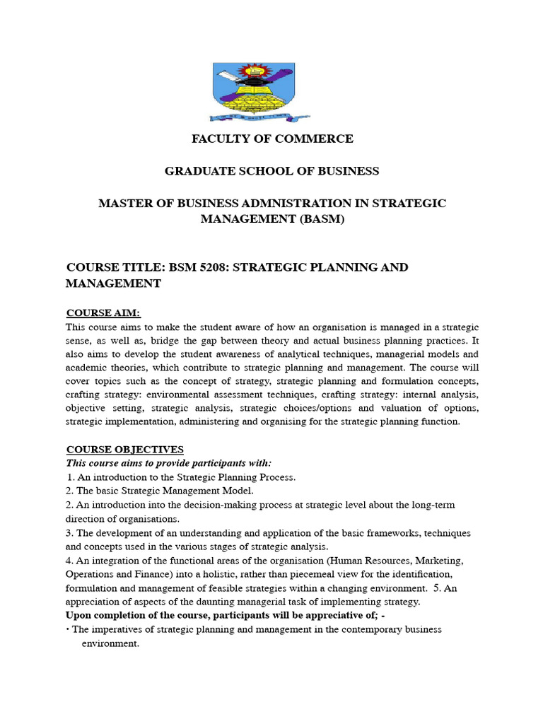 BASM Strategic Planning and Management Course Outline (BSM 5208) | PDF ...