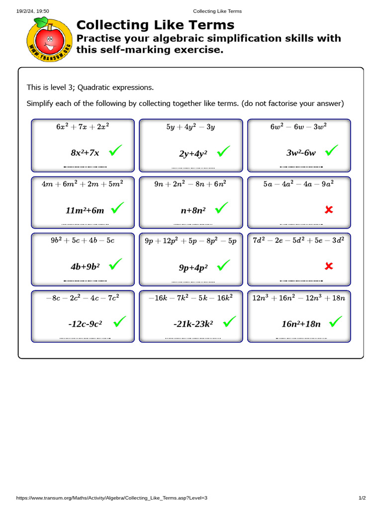 Collecting Like Terms L3 | PDF | Mathematics | Algebra