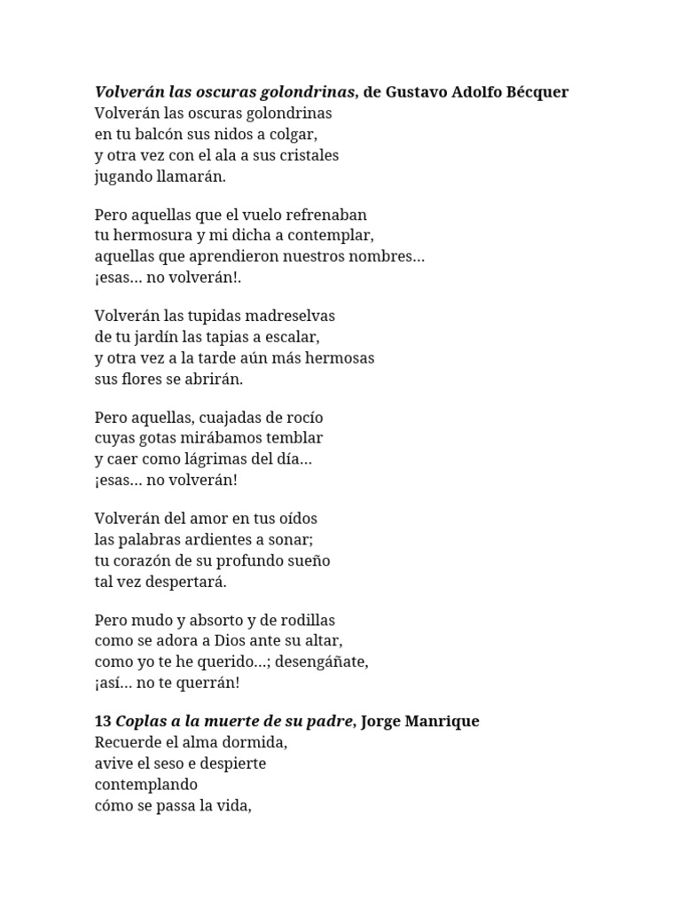 Volverán Las Oscuras Golondrinas, de Gustavo Adolfo Bécquer | PDF