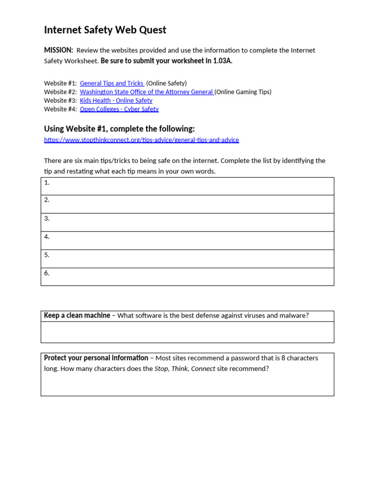 Internet Safety Web Quest Guide | PDF