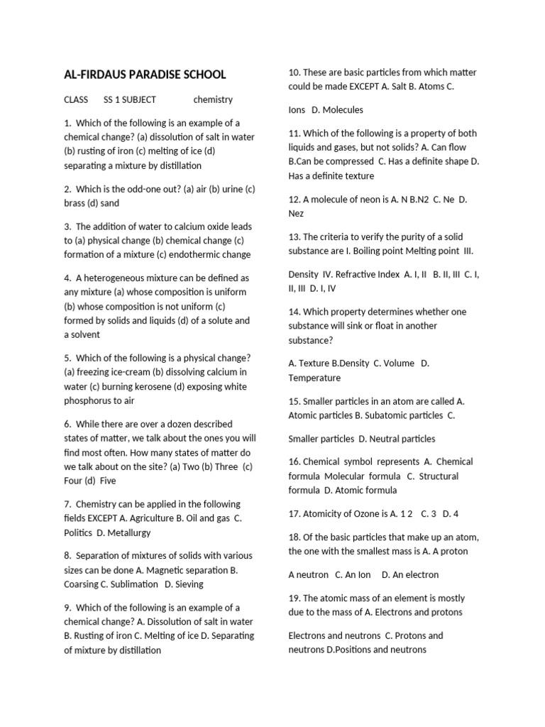 SS1 Chemistry Exam First Term | PDF | Mixture | Chemistry