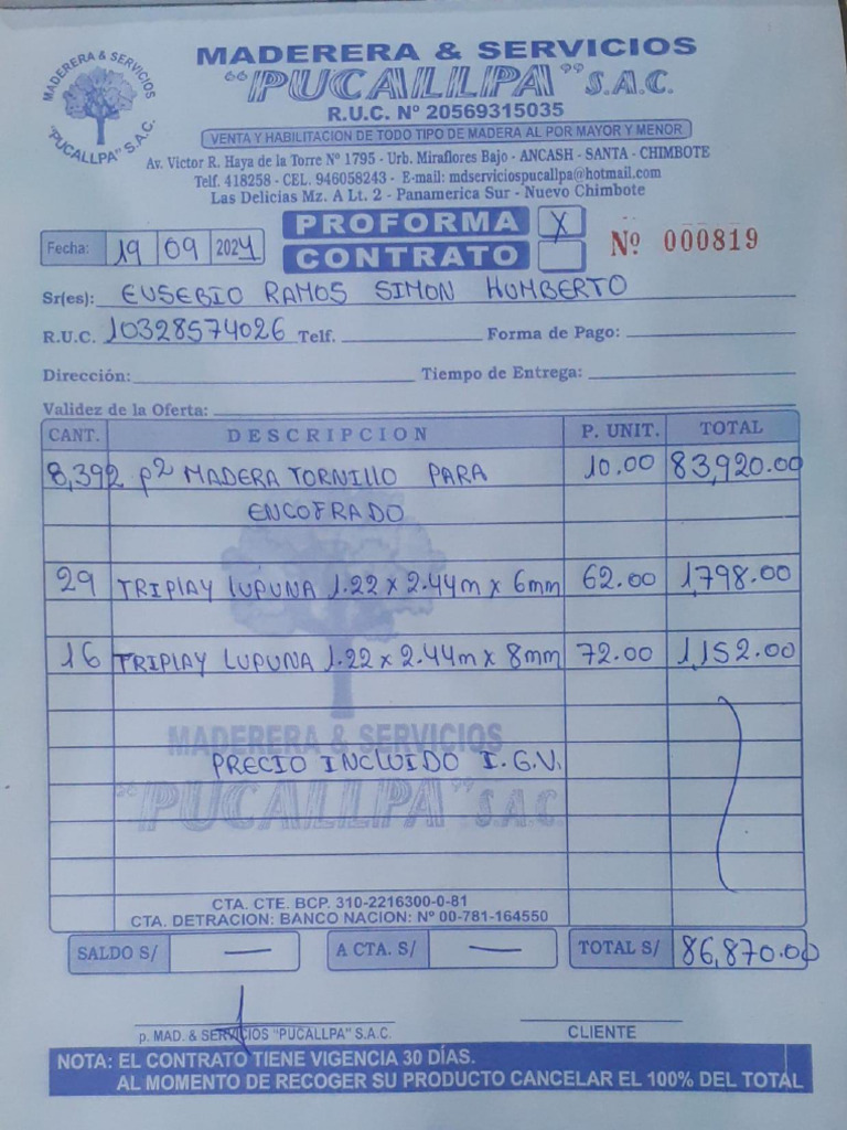 Cotizacion Madera Tornillo, Triplay | PDF