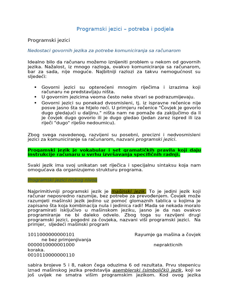 01 Programski jezici-potreba i podjela | PDF