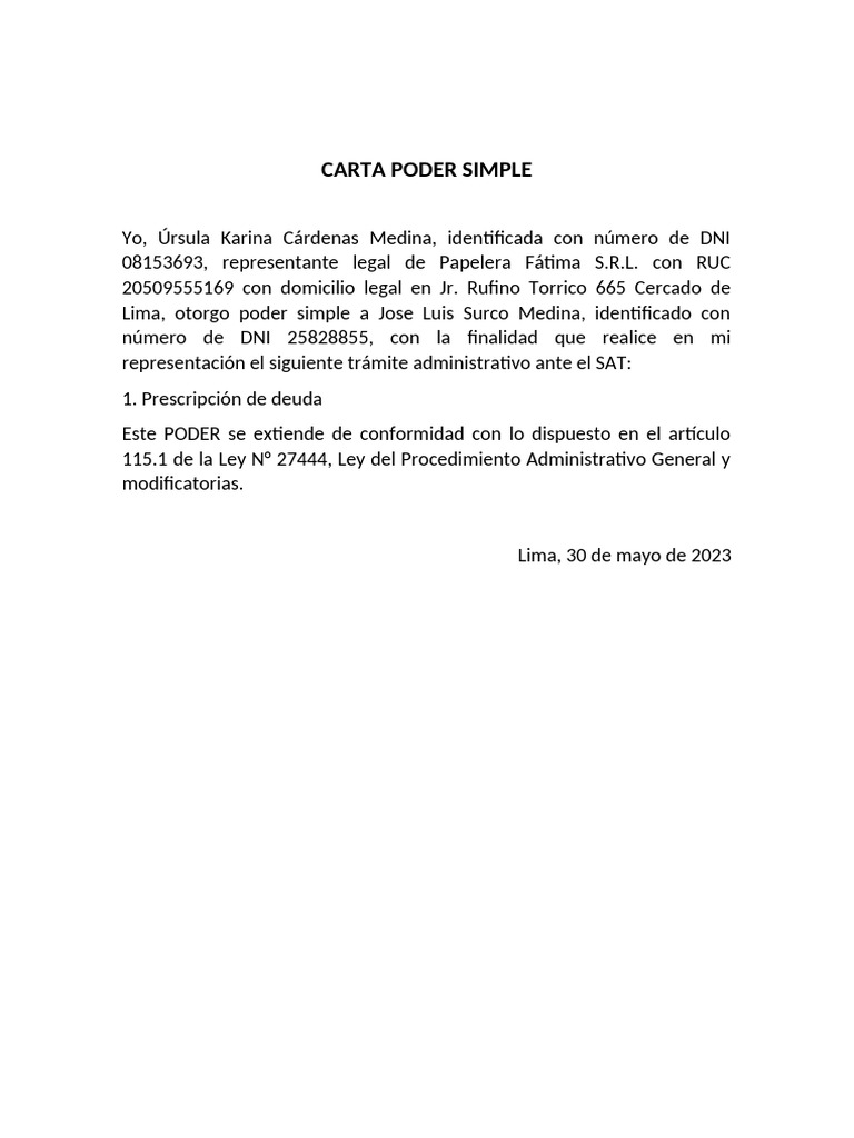 Carta Poder Simple para Trámite SAT | PDF