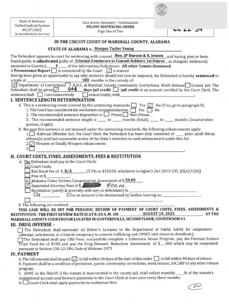 Sentencing Order For Morgan Young | PDF