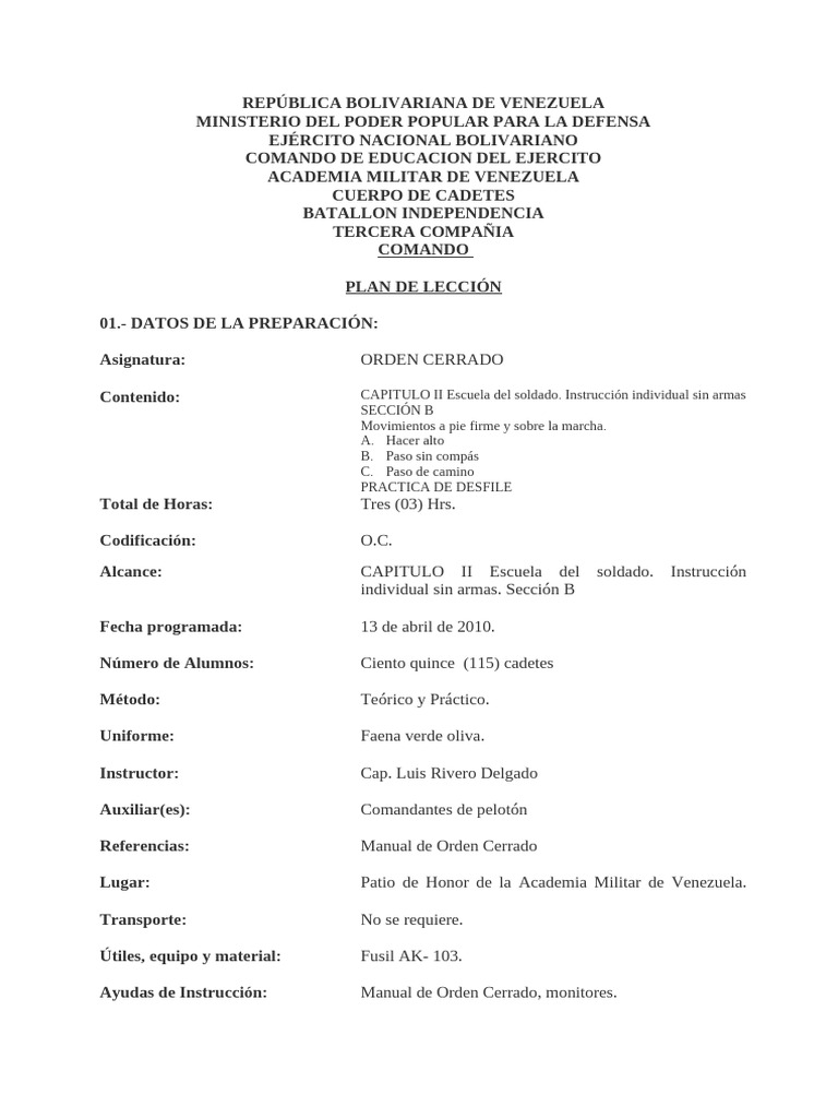 Plan de Leccion Orden Cerrado 4 | PDF | Militar