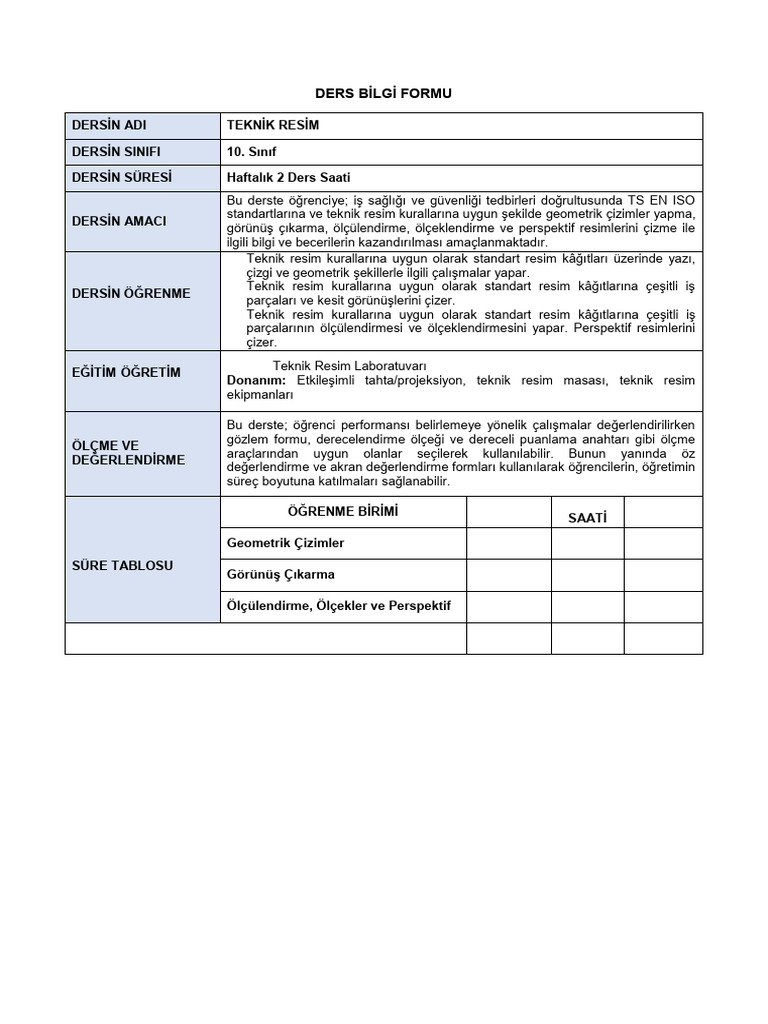 Teknik - Resim - Ders - Bilgi - Formu (2 Saat) | PDF