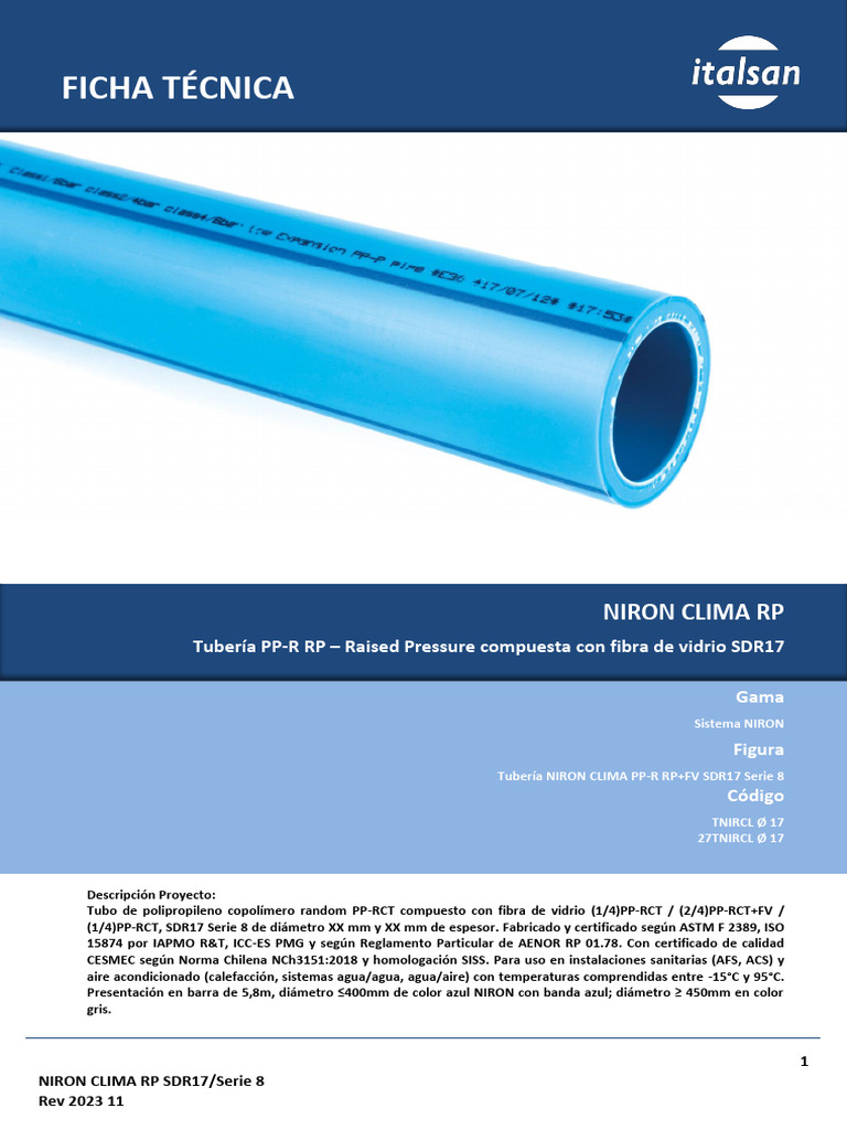 2023 11 NIR Ficha Técnica CLIMA RP SDR17 - Pe | PDF | Tubería ...