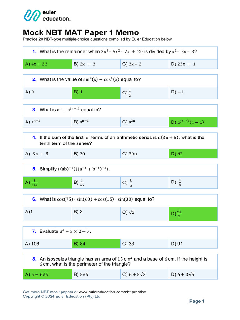 NBT MAT Mock Paper 1 with Memo | PDF | Area | Geometric Shapes