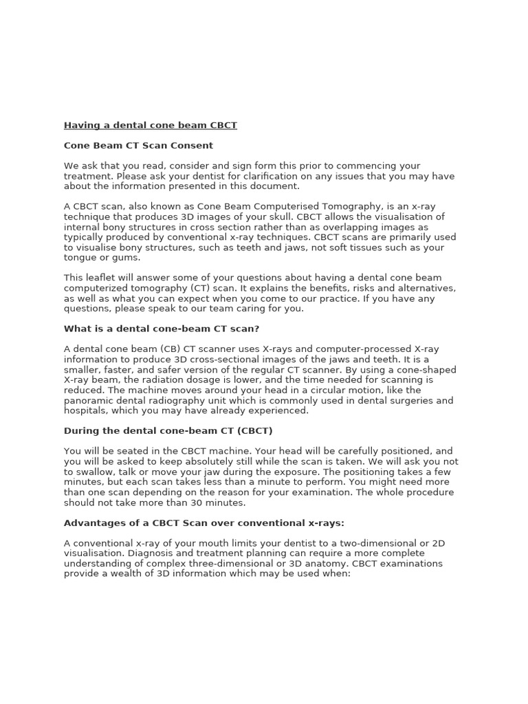Consent For Cone Beam CT Scan | PDF | Ct Scan | X Ray