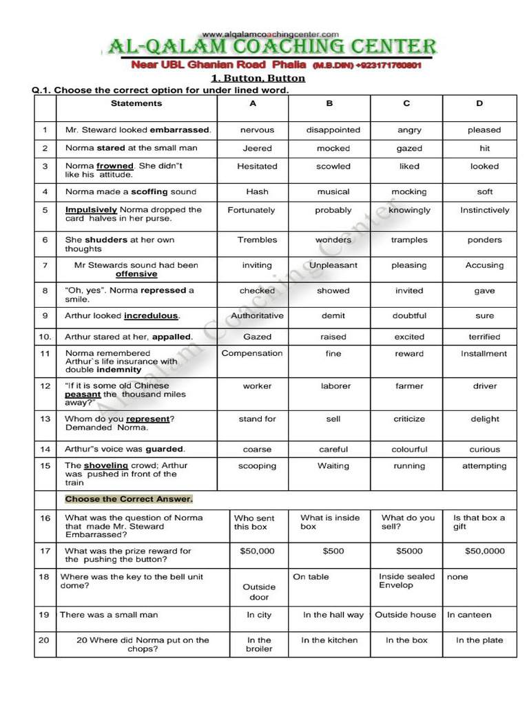 1st Year English Book 1 Synonyms and Mcqs by ALQALAM | PDF