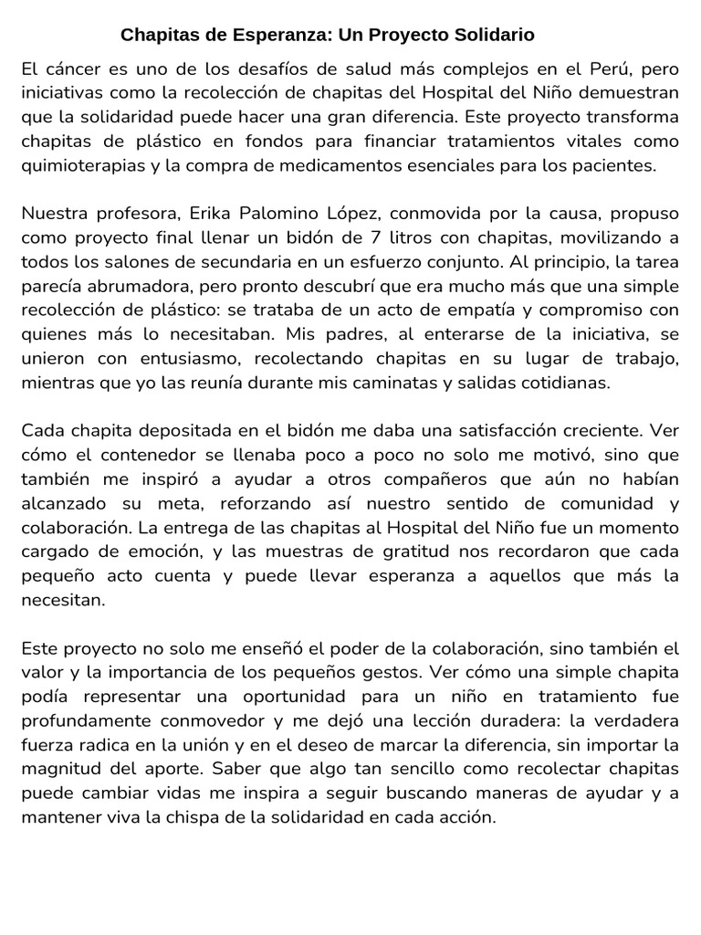 Chapitas de Esperanza: Un Proyecto Solidario | PDF