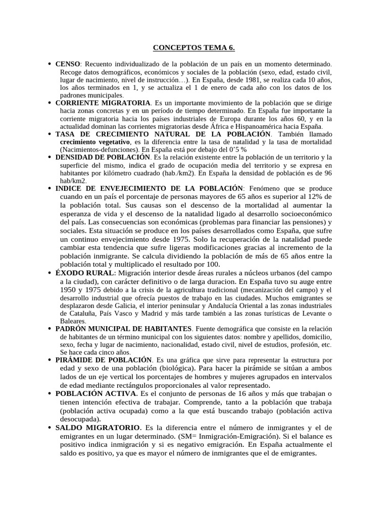 Conceptos Tema 6 | PDF | Población | Tasa de mortalidad
