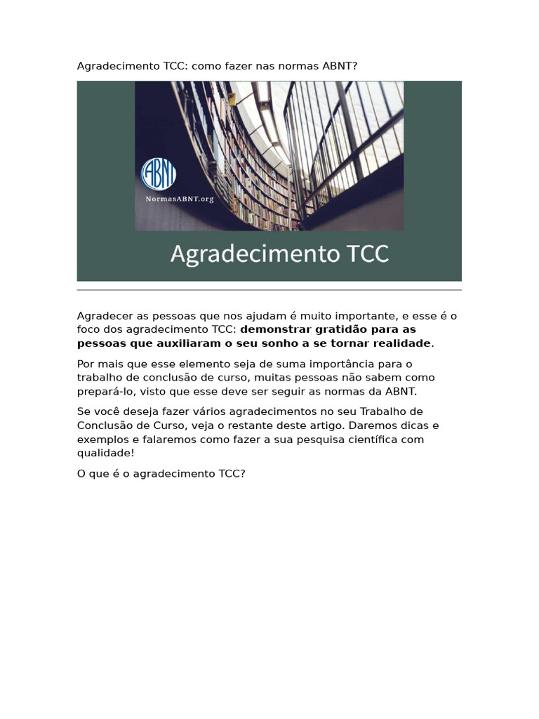 Agradecimentos TCC: Guia ABNT e Exemplos | PDF