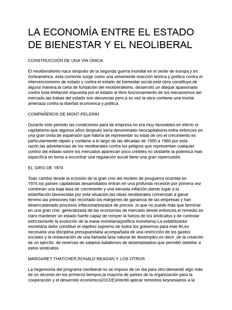 La Economía Entre El Estado de Bienestar y El Neoliberal | PDF | Neoliberalismo | Inflación