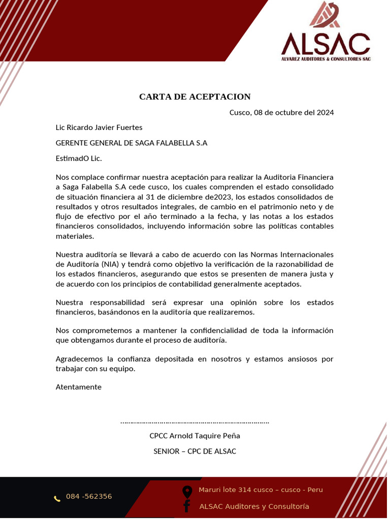Carta de Aceptacion | PDF | Auditoría