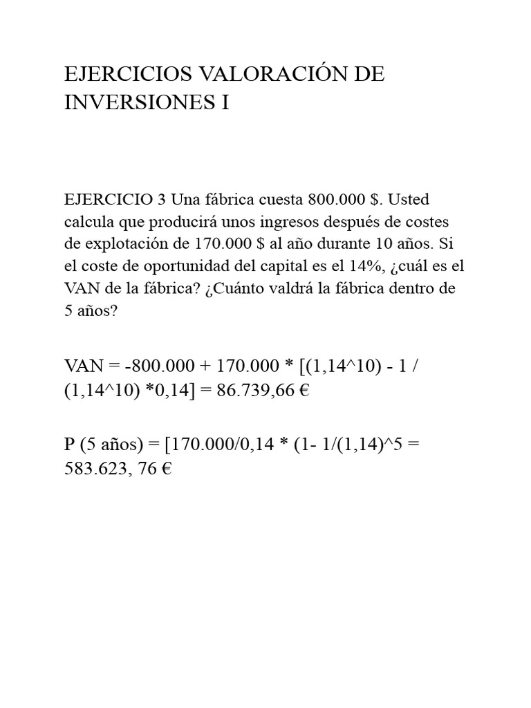 Ejercicios Valoración de Inversiones I | PDF