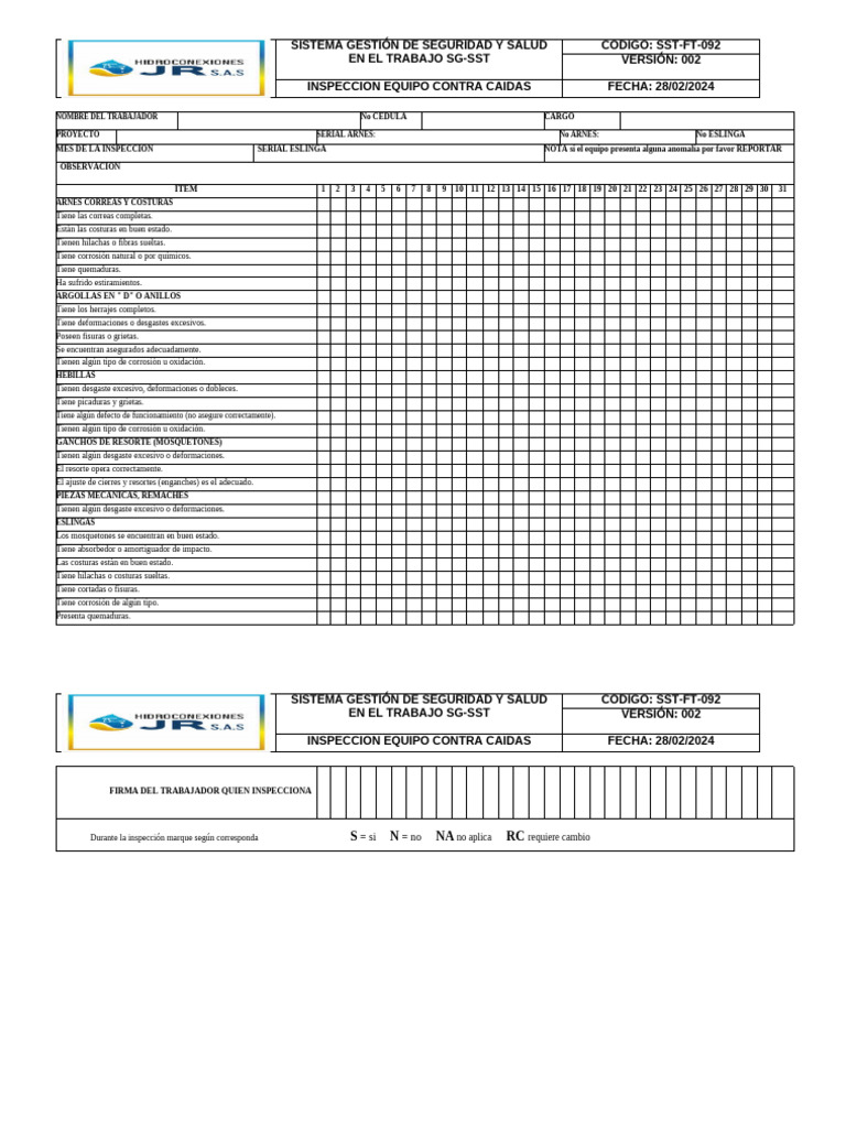 FT-SST-092 Formato Inspección Equipos de Protección Contra Caídas. | PDF