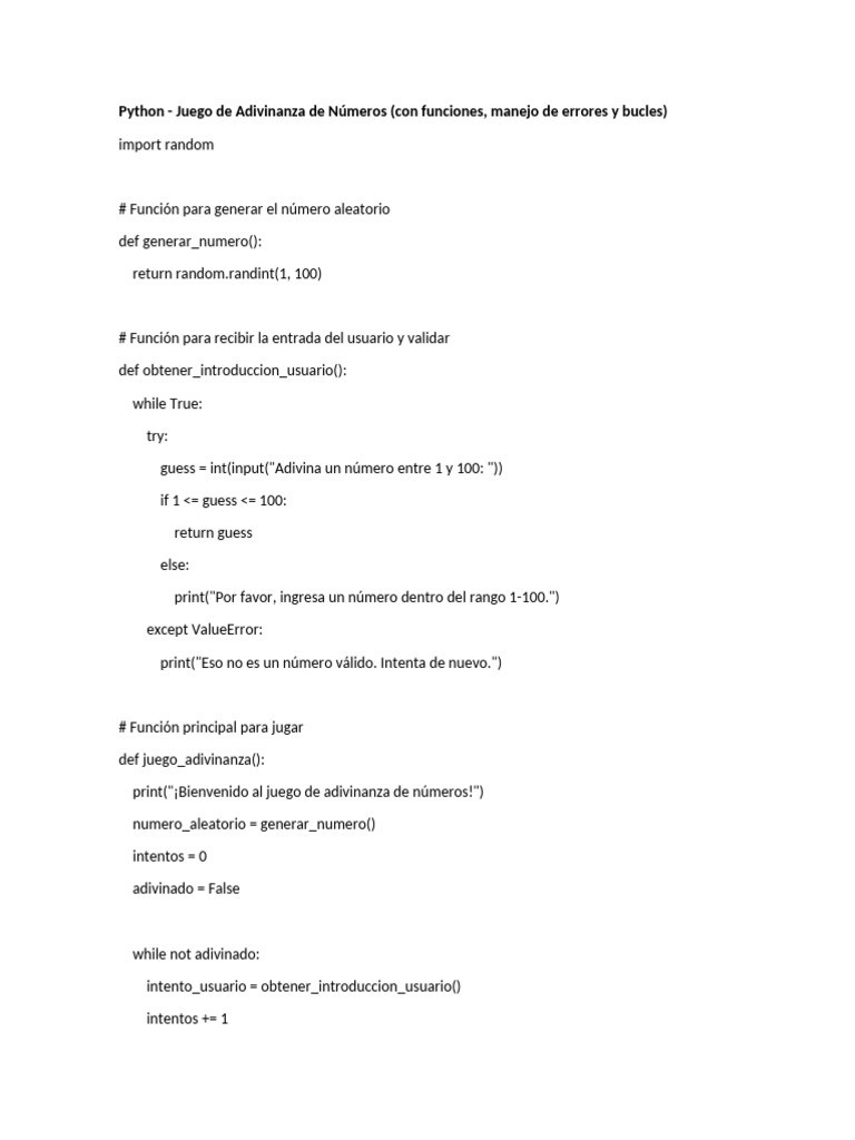 Python - Juego de Adivinanza de Números (Con Funciones, Manejo de Errores y Bucles) | PDF