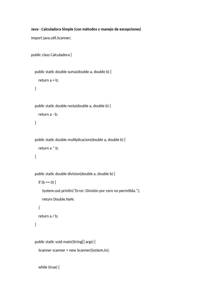 Java - Calculadora Simple (con métodos y manejo de excepciones) | PDF