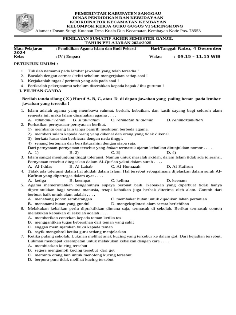 Soal PAI Kelas 4 Kurmer SAS Ganjil 2024-2025 | PDF