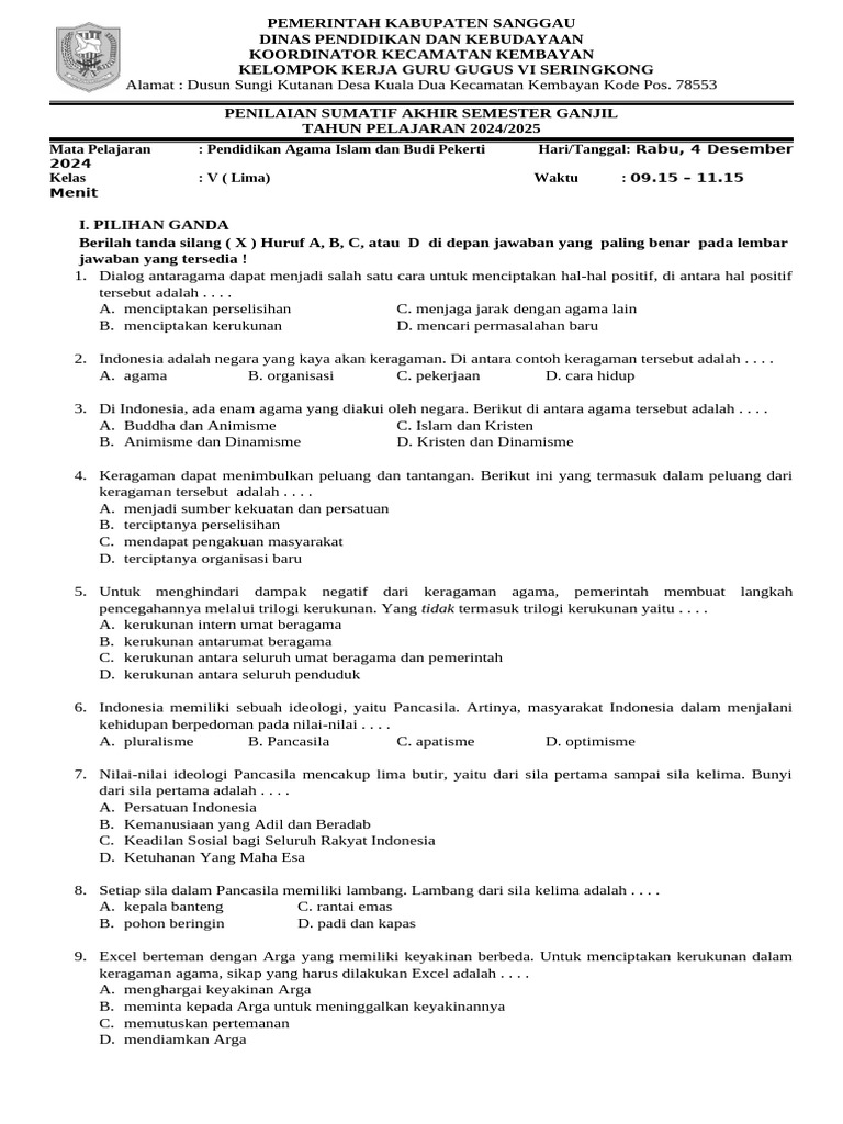 Soal PAI Kelas 5 Pts Semester Ganjil 2024-2025 | PDF