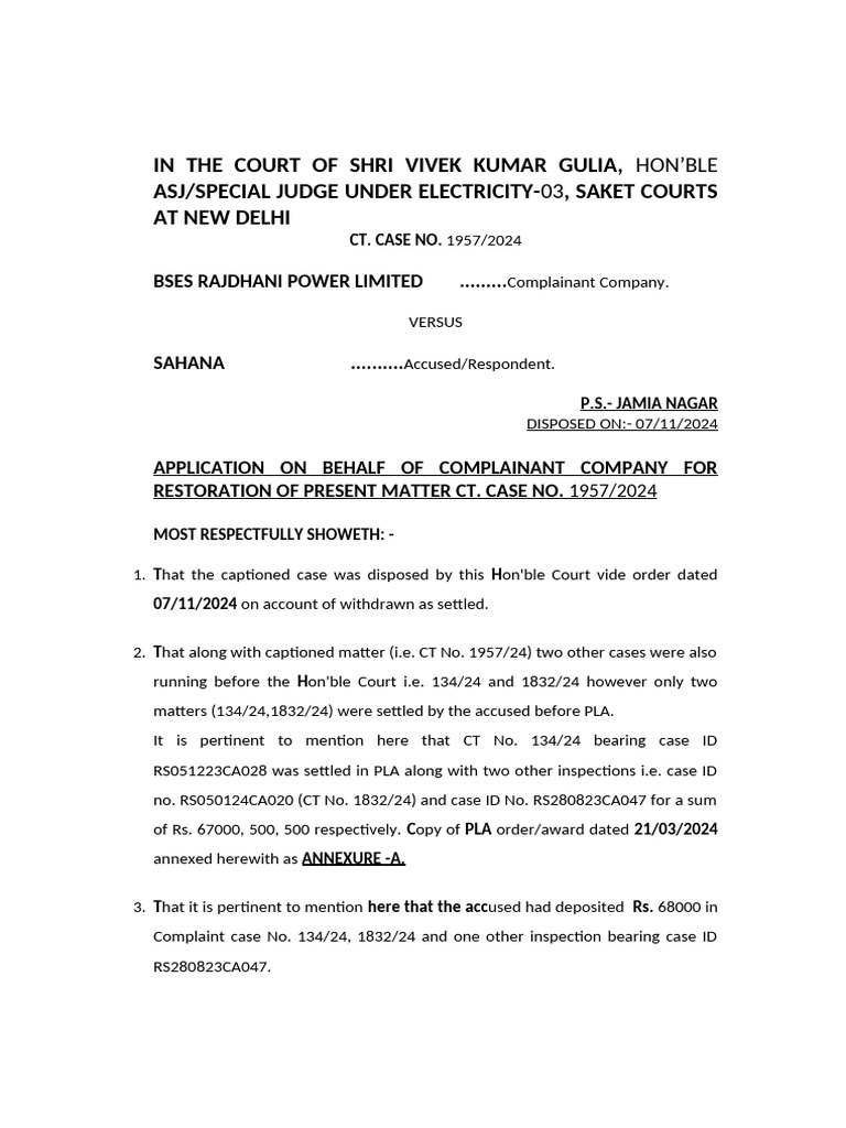 Application For Restoration The Case | PDF