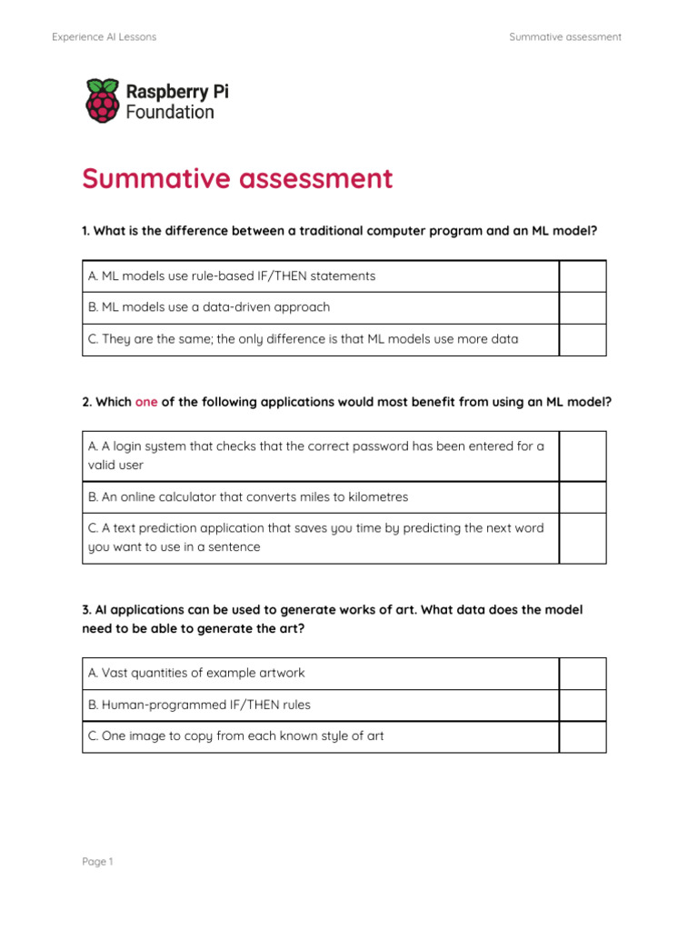 AI and Machine Learning Assessment Guide | PDF | Machine Learning ...