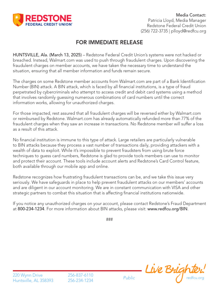 Redstone Credit Union Press Release | PDF | Cyberspace | Crime Prevention