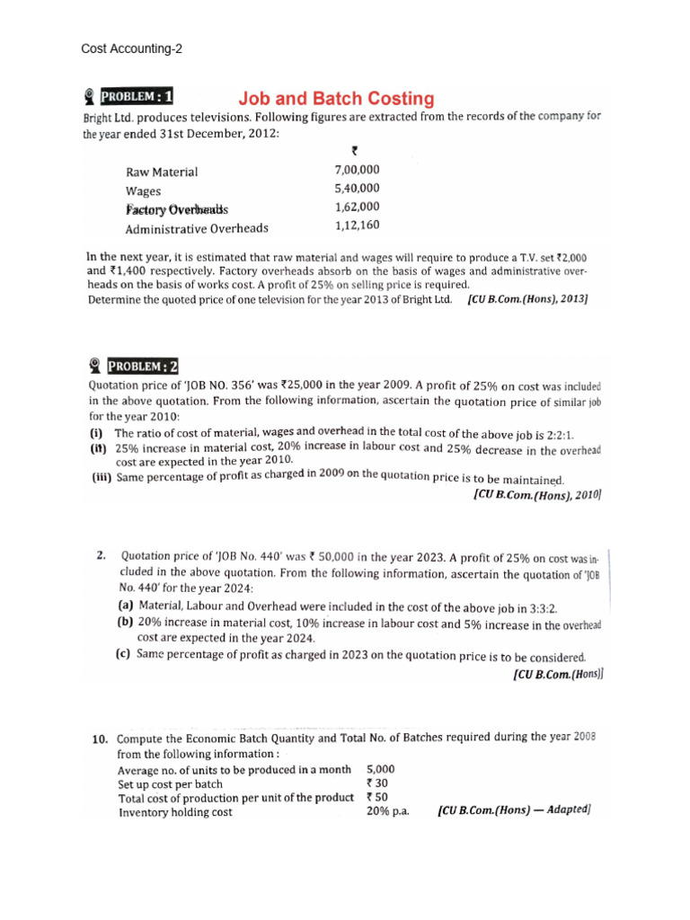 Cost Accounting 2 Important Questions | PDF