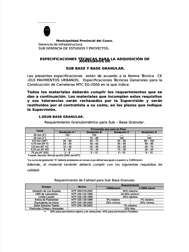 PDF Especificaciones Tecnicas de Materiales de Subbase y Base - Compress | PDF