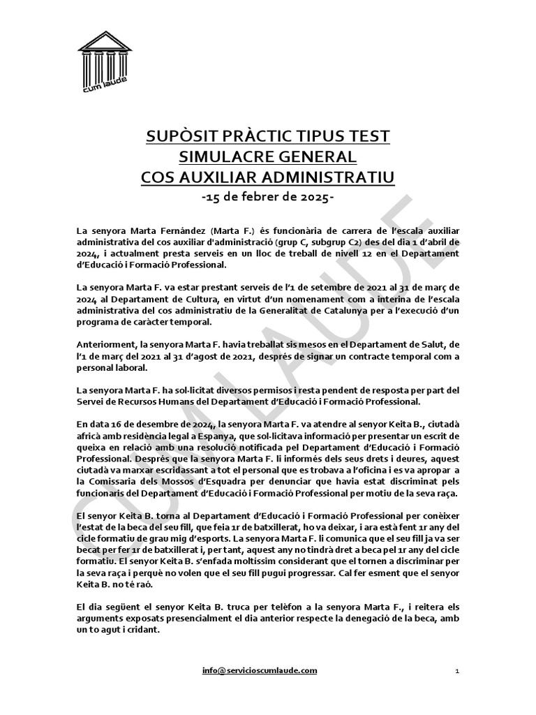 2.a.-Supòsit Pràctic SIMULACRE GENERAL COS AUXILIAR ADMINISTRATIU - Dia 15-2-2025 | PDF