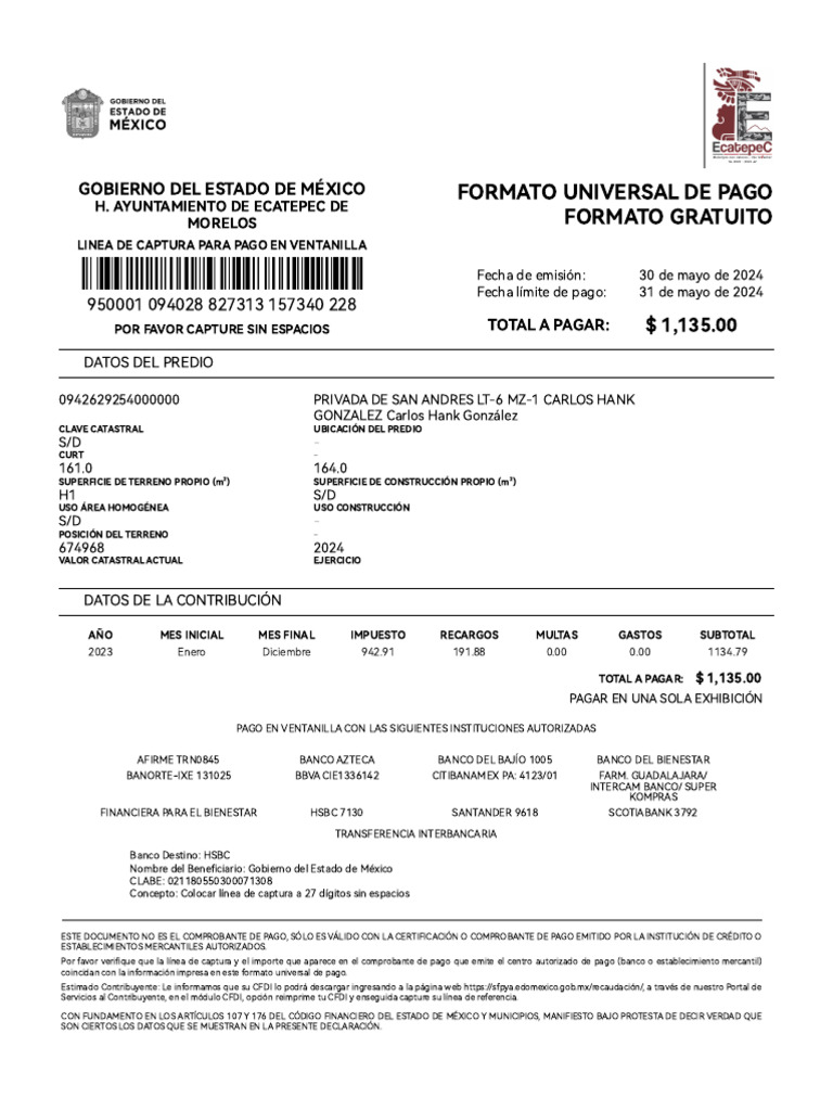 Formato Universal de Pago Predial Edomex | PDF | Finanzas personales | Servicios financieros