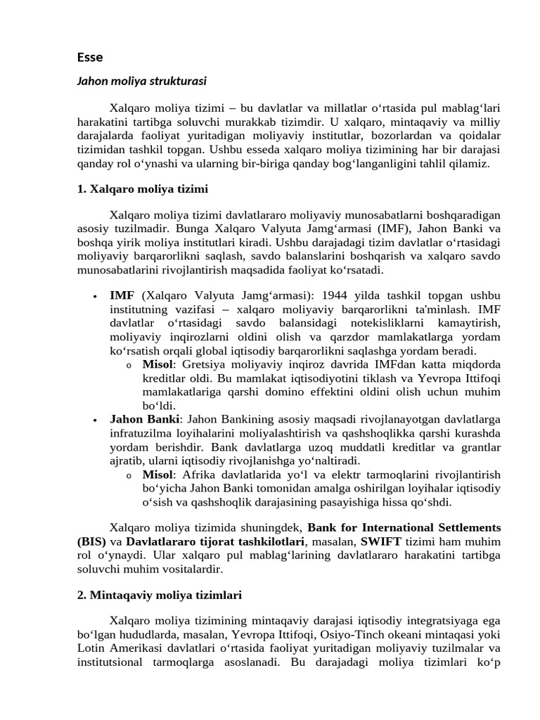 Esse (Xalqaro Moliya Strukturasi) | PDF