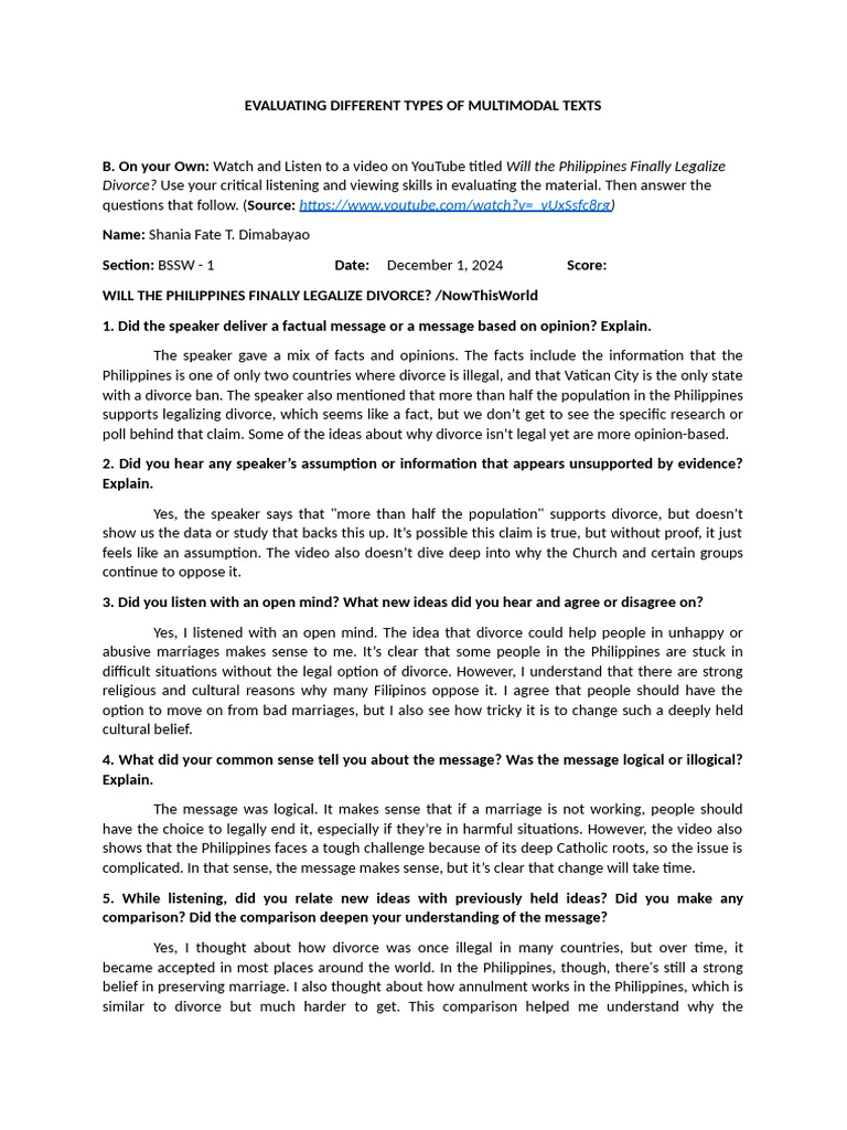 Evaluating Different Types of Multimodal Texts | PDF | Divorce | Marriage