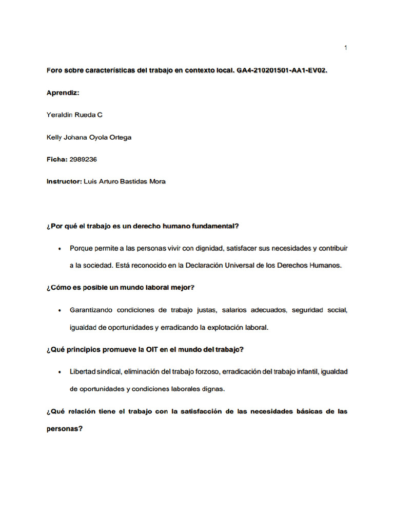 2 Foro Sobre Características Del Trabajo en Contexto Local. GA4-210201501-AA1-EV02. | PDF