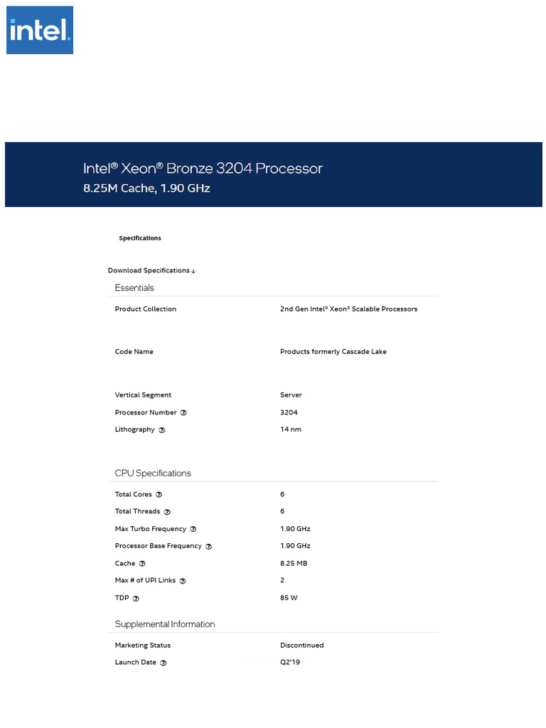Intel® Xeon® Bronze 3204 Processor | PDF | Computer Architecture ...