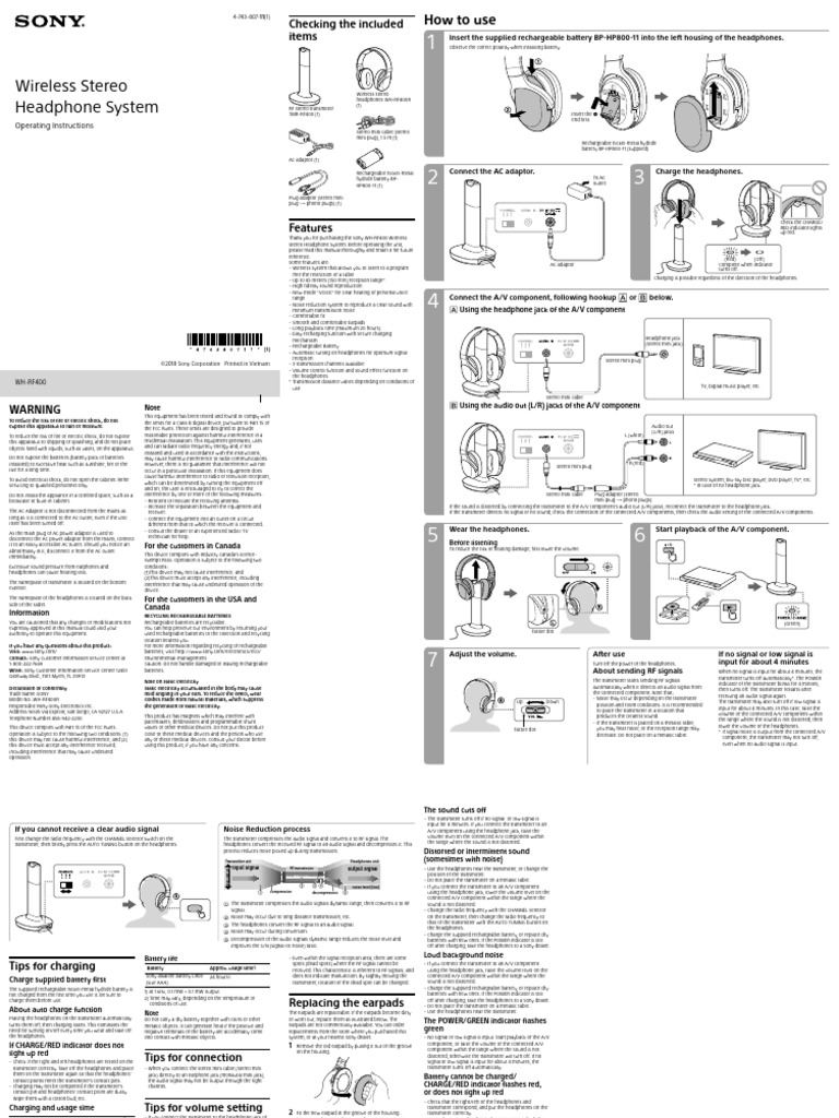 Sony WH-RF400 Wireless Headphones Guide | PDF | Headphones | Radio