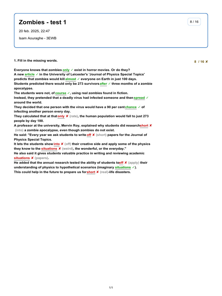 Zombies - Test 1 - Isam Aouraghe - 3EWB | PDF