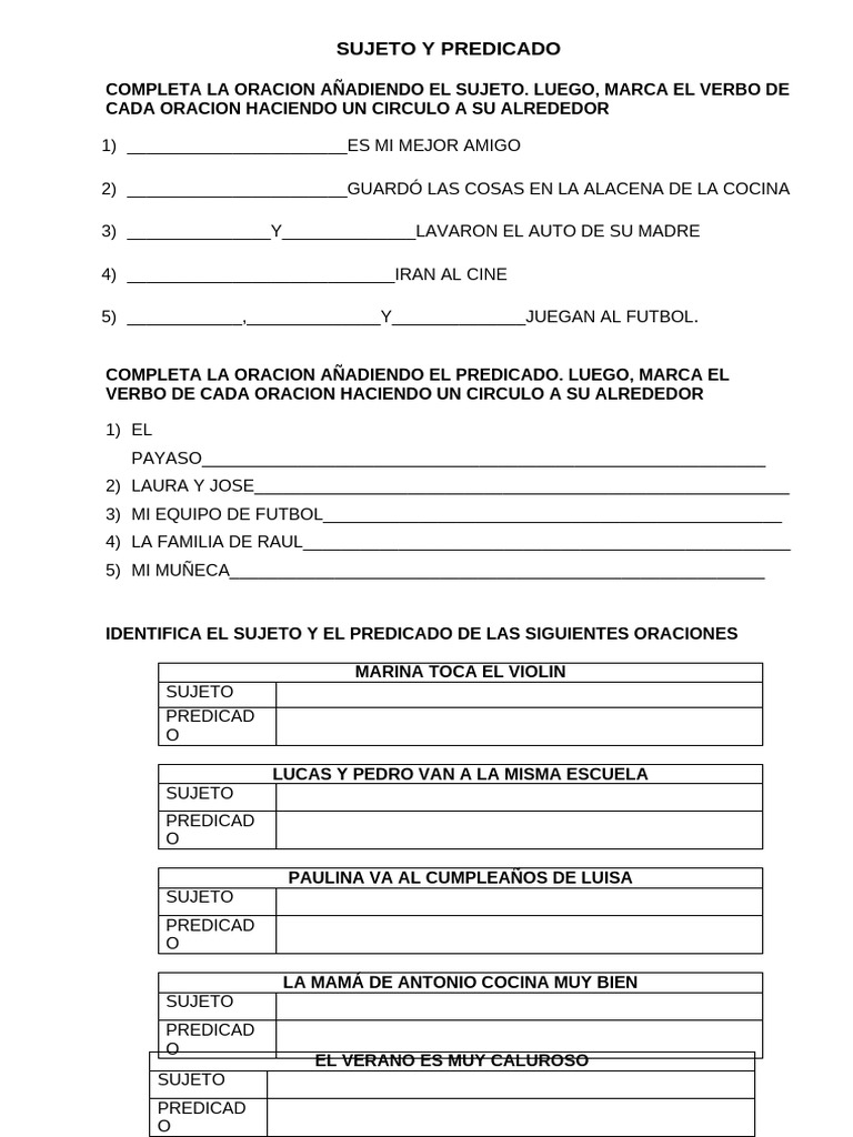 Sujeto y Predicado Actividades | PDF