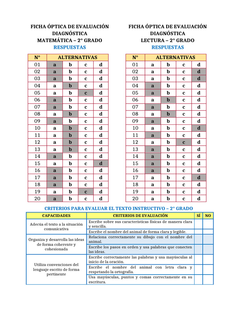 2° - Ficha Óptica de Evaluación Diagnóstica - Comunicación y Matem. | PDF | Escritura | Lingüística