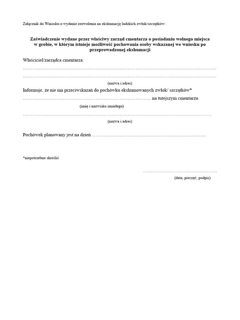 Zaświadczenie Zarządcy Cmentarza o Posiadaniu Wolnego Miejsca W Grobie ...