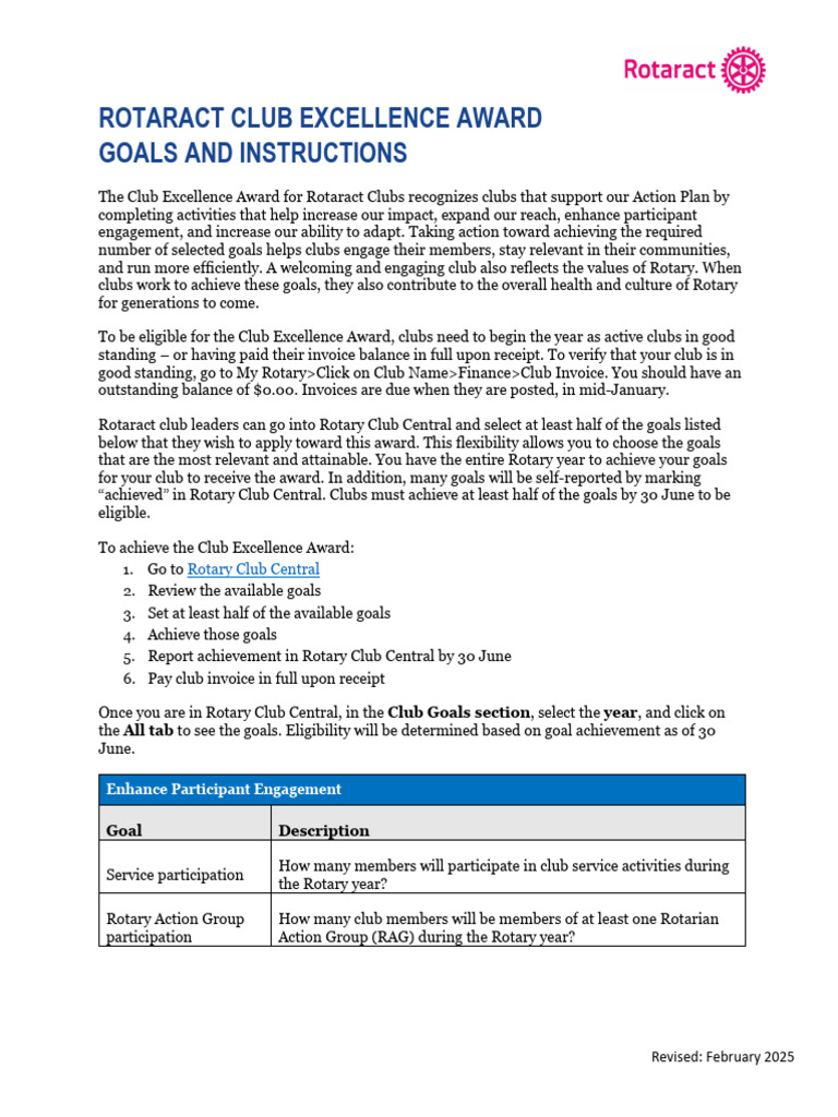 Rotaract Club Excellence Award Guide | PDF