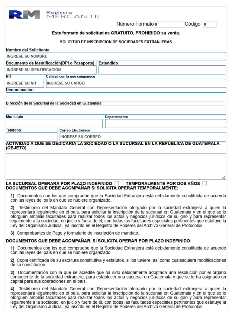 Solicitudes - Solicitud - Inscrip - Soc - Extranjera | PDF | Guatemala | Gobierno