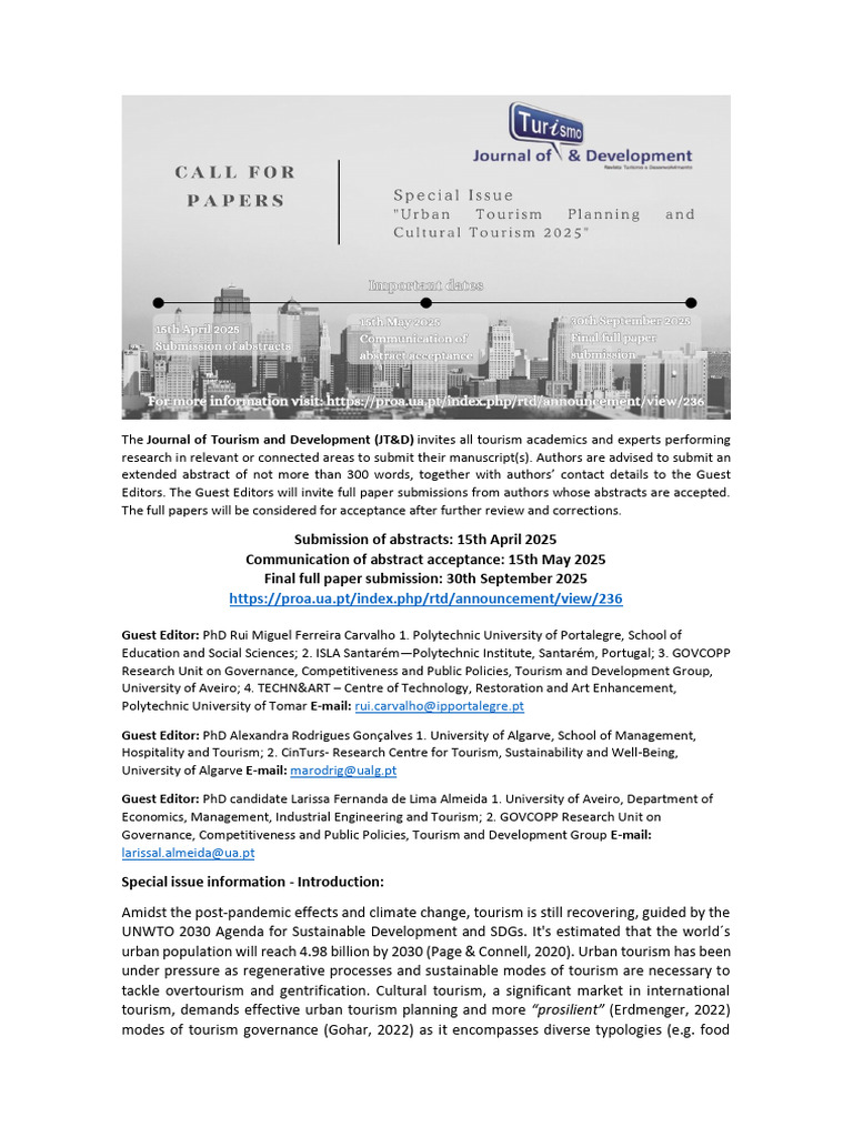 Call For Papers For A Special Issue Urba-121132187 | PDF | Tourism