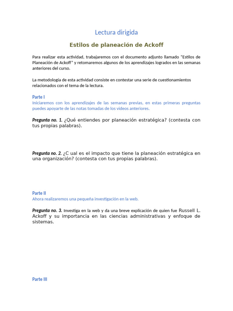Lectura Dirigida Estrategias de Planeación de Ackoff | PDF