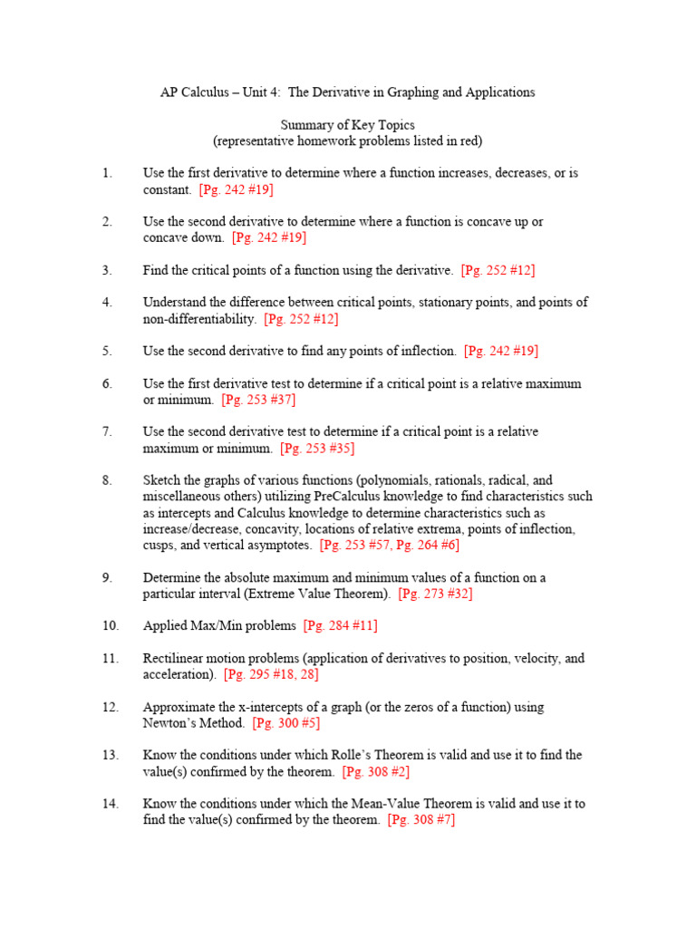 AP Calculus - Unit Topics - Unit 4 | PDF | Derivative | Calculus