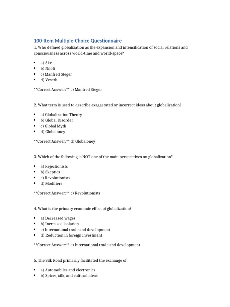 Globalization Multiple-Choice Quiz | PDF | Globalization | Economies