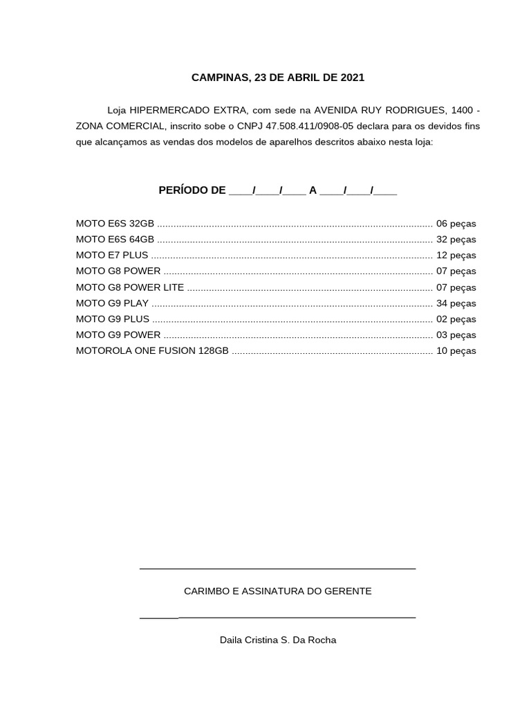 Carta RV - EXTRA - AVENIDA RUY RODRIGUES, 1400 - ZONA COMERCIAL ...