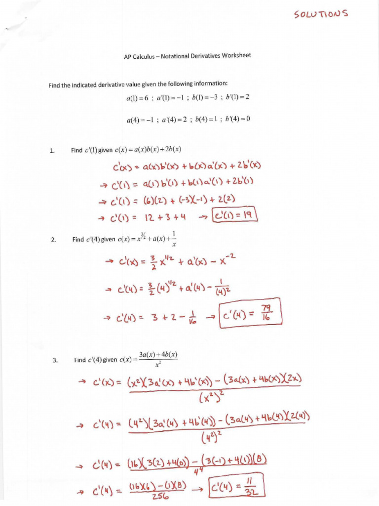 AP Calc - Unit 2 - Notational Derivatives Worksheet Solutions | PDF